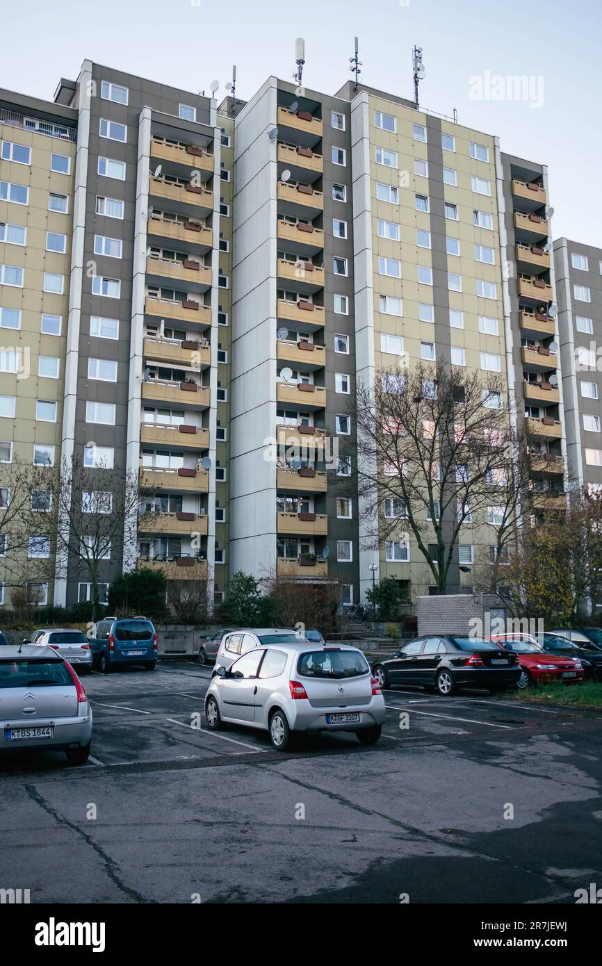A residential settlement with tall apartment buildings in the slums of ...