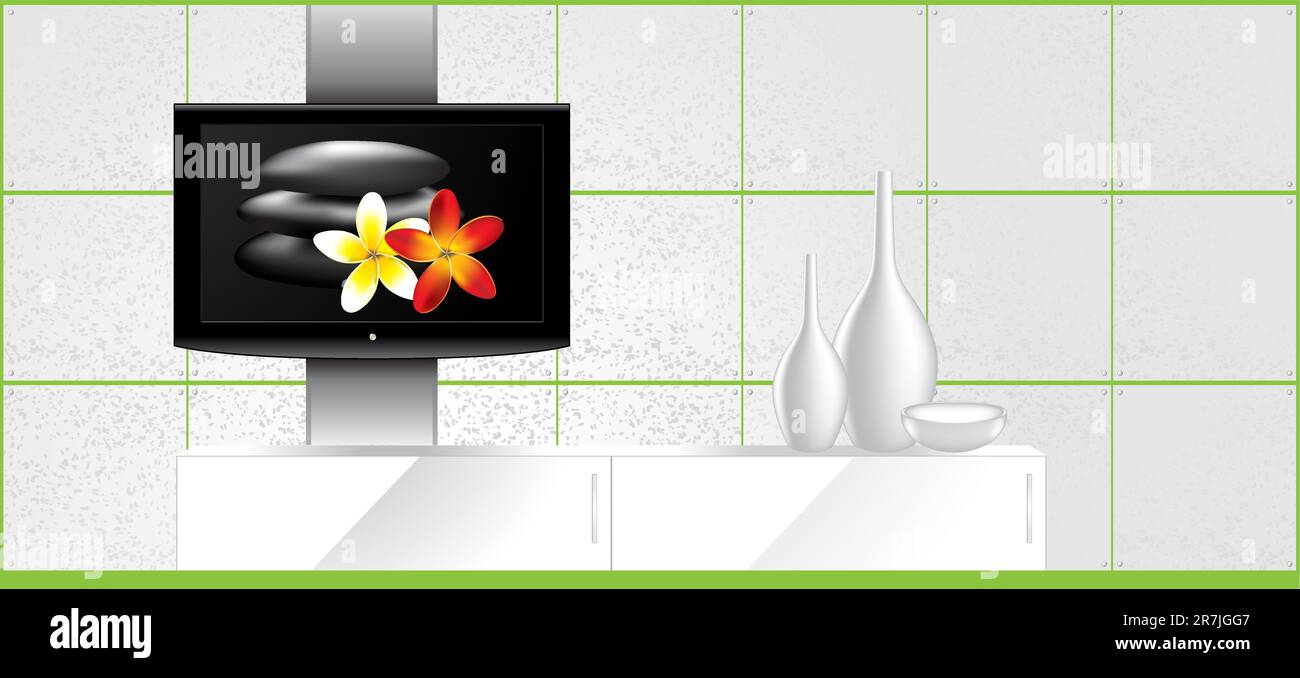 Home Interior - LCD tv on the wall and decorations - vector Stock ...