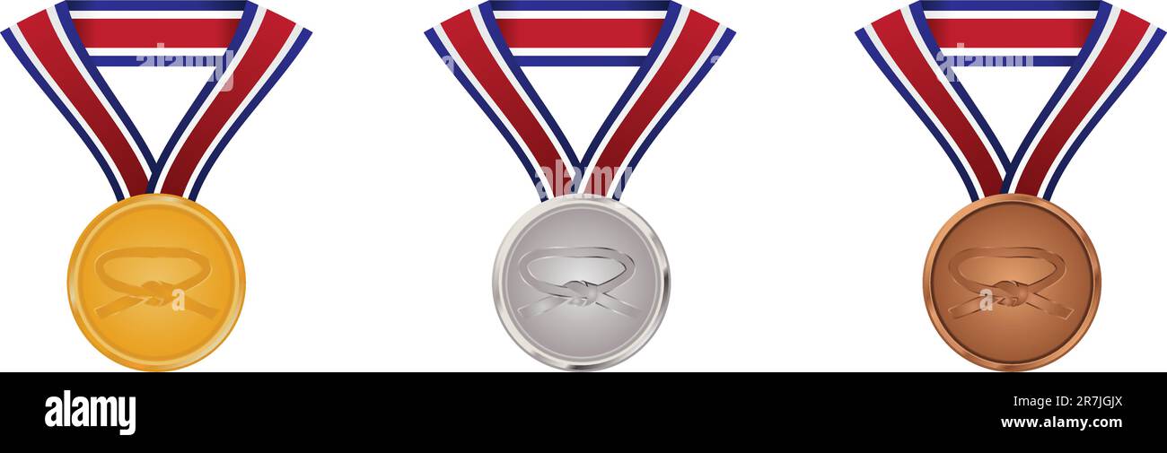 Gold, silver and bronze martial arts medals with a red white and blue ...