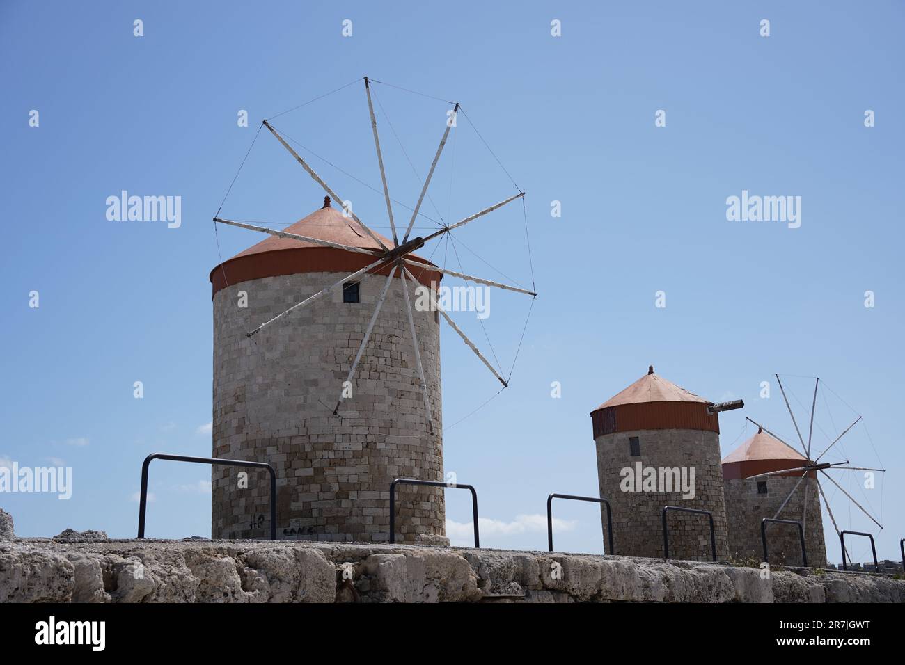 Medieval Windmills in Mandraki Harbour on a Sunny Day, Island Rhodes ...