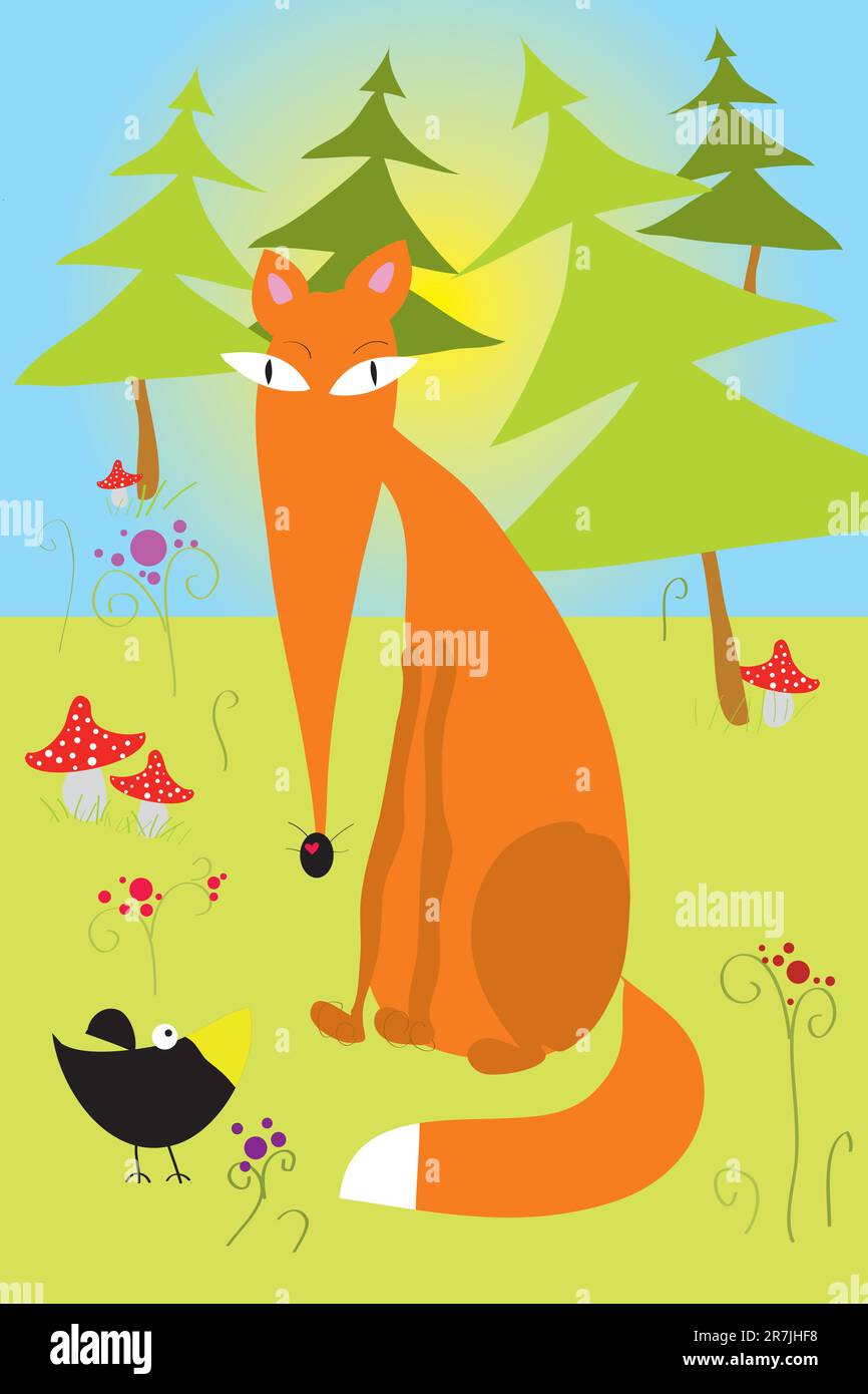Fox, tree and some crows on yellow background Stock Vector Image & Art ...