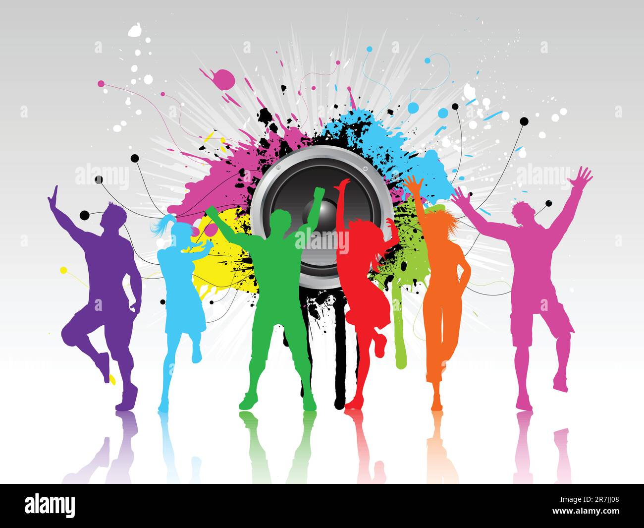 Colourful silhouettes of people dancing on a grunge speaker background ...