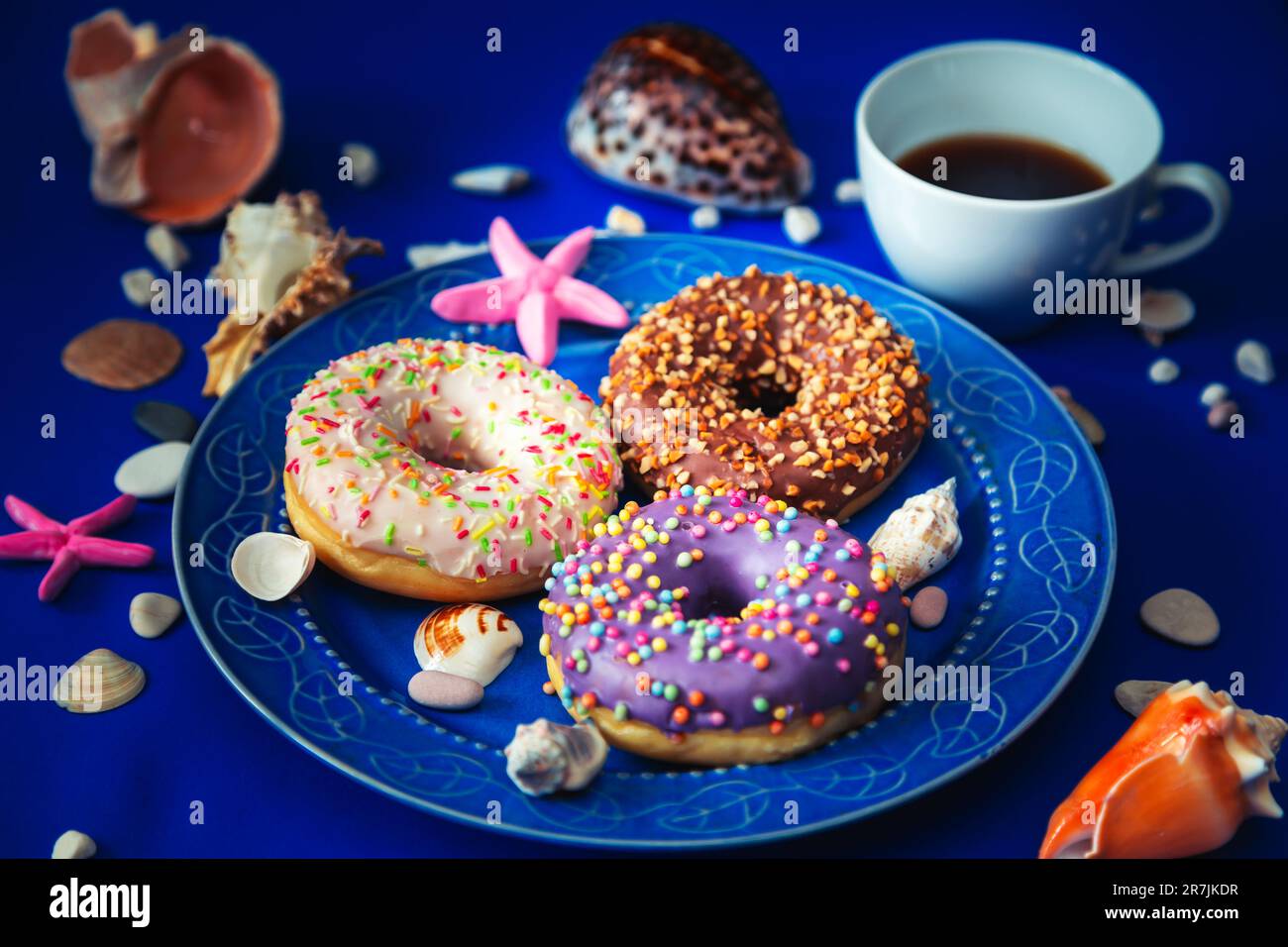 Assorted donuts in a plate on a blue background. Around them are symbols of the sea - shells ...