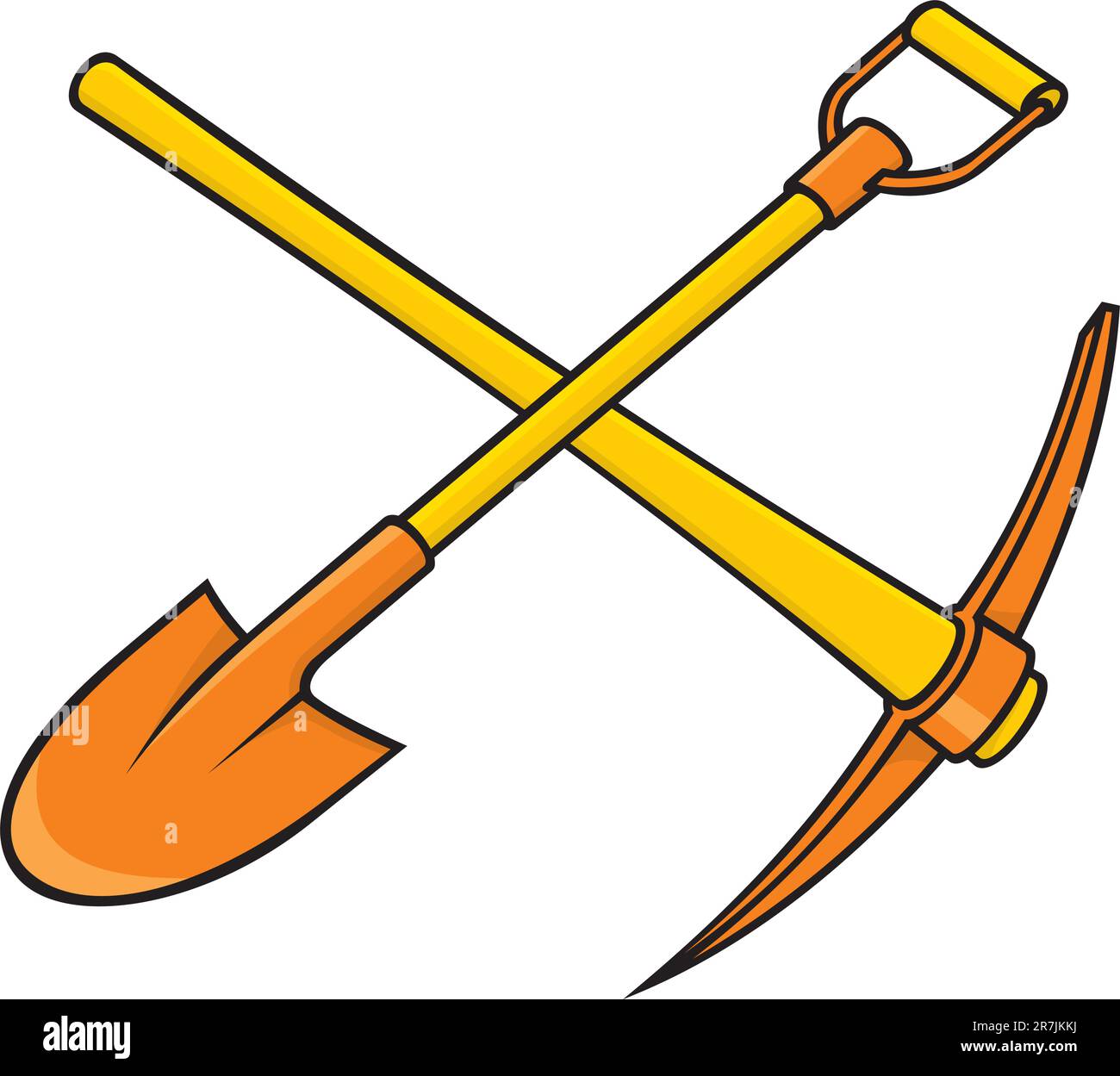 Crossed yellow and orange pickaxe and shovel icon on white background ...