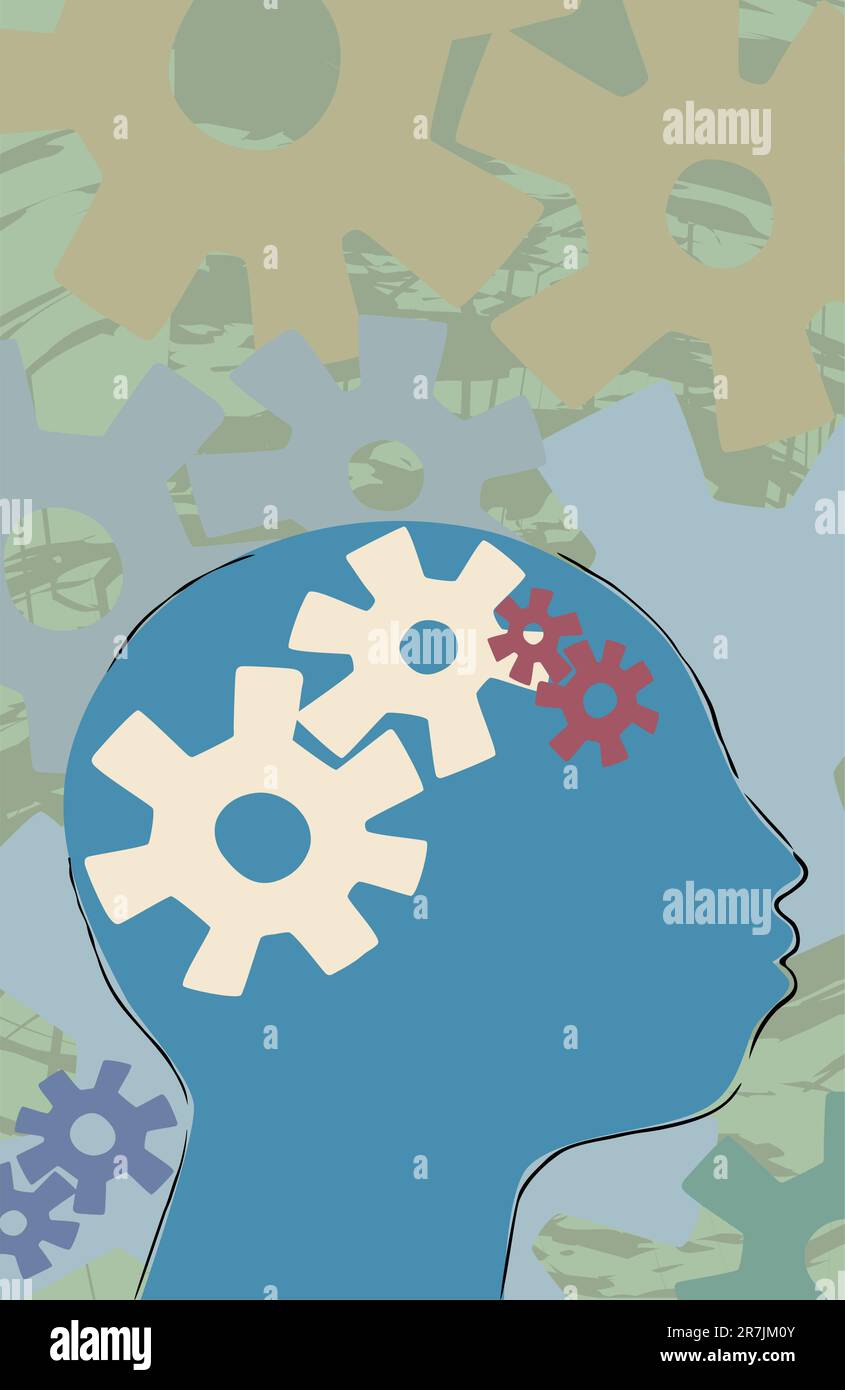 Thinking process illustrated by gears in the outline of a human head ...