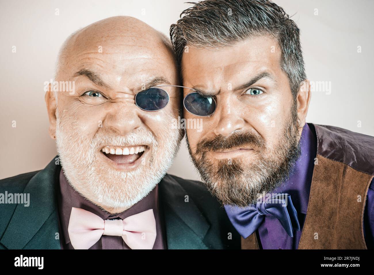 Fummy male couple. Men joking. Comic and humor sense. Men with beard ...