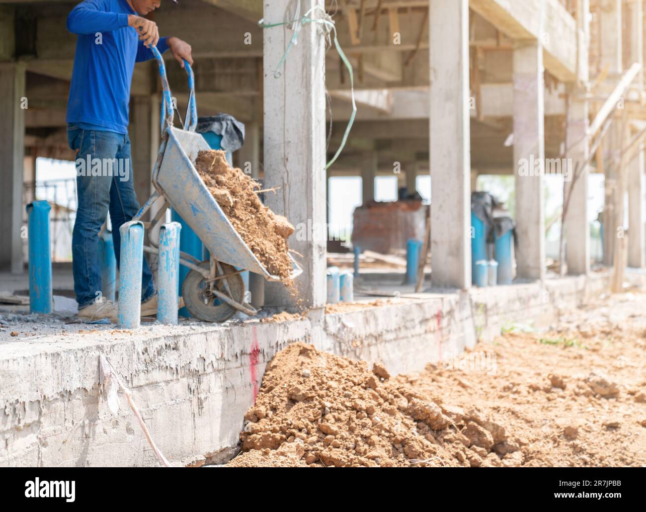 Blue steel soil cart transport soil in construction site Stock Photo ...