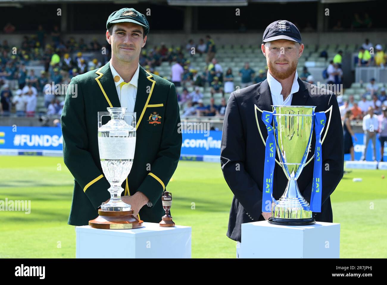 Australia's Pat Cummins (left) and England's Ben Stokes pose for a ...