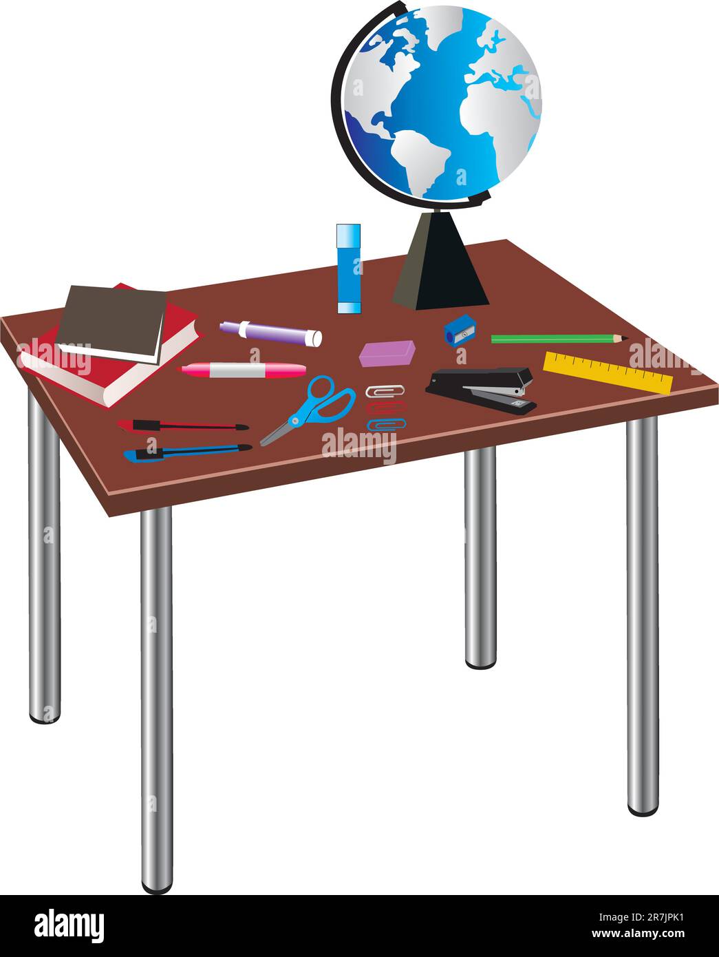 Vector illustration of a table with school supplies Stock Vector Image ...