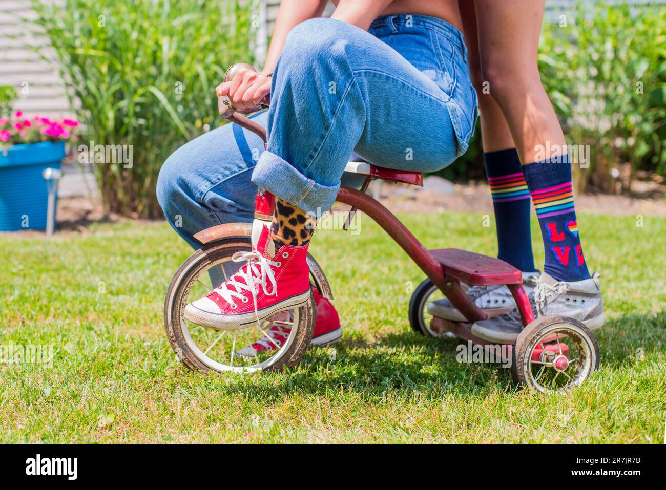 Riding tricycle with best friend inbackyard Stock Photo - Alamy