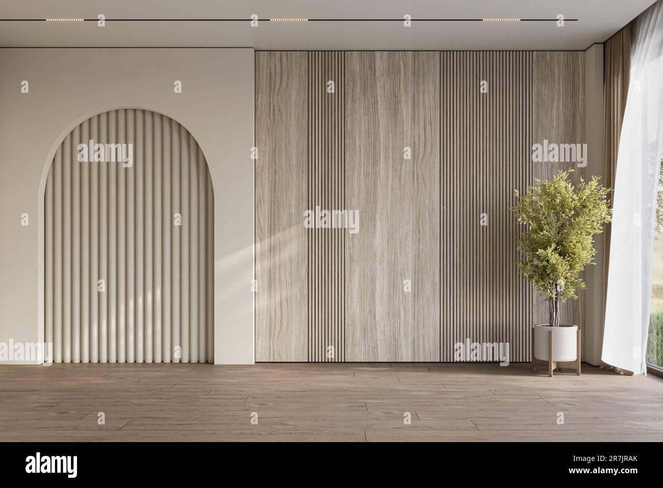 Cozy home interior in light pastel colors with wood wall panels and ...