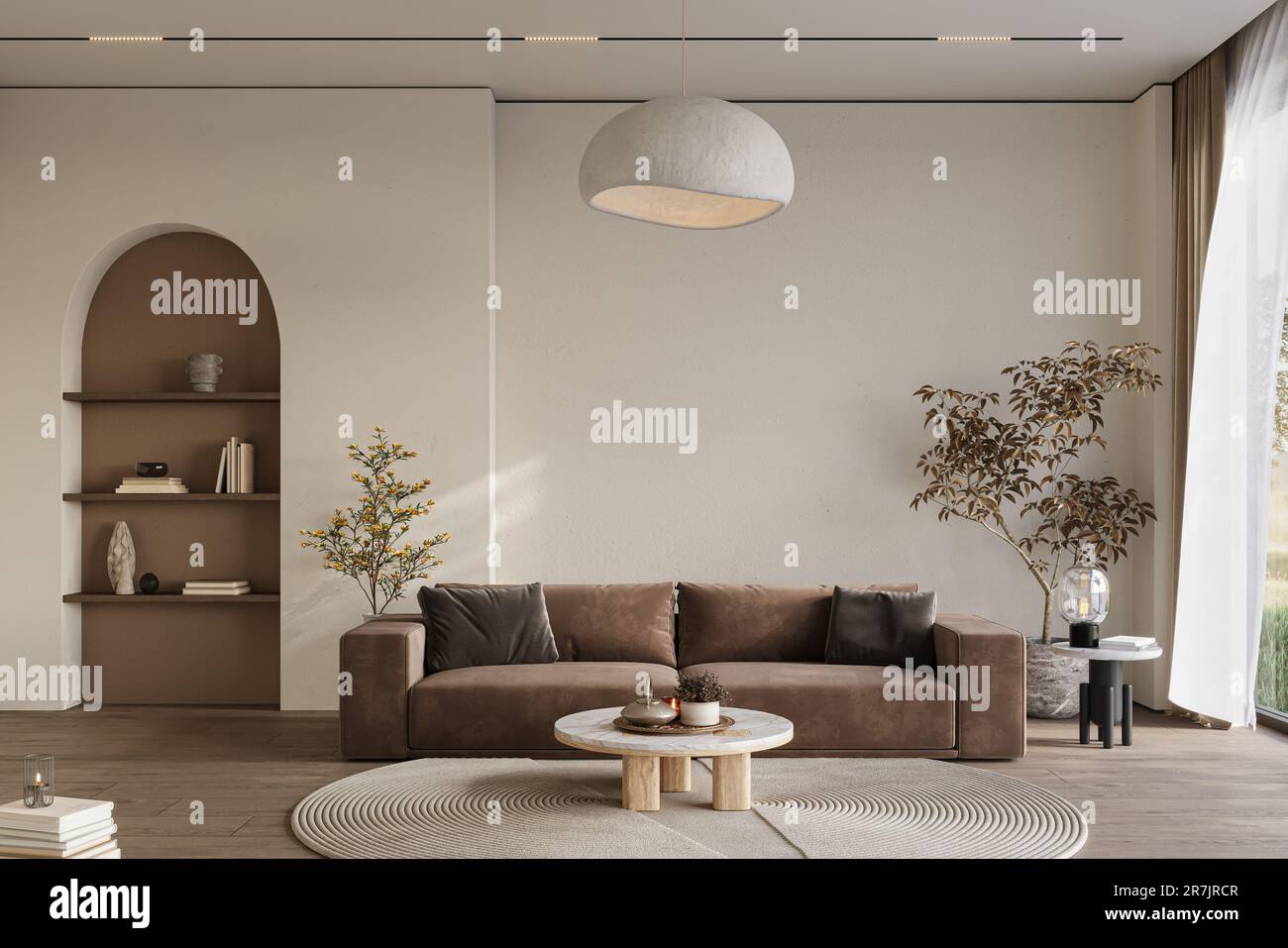 Cozy home interior in light pastel colors with hardwood flooring and ...