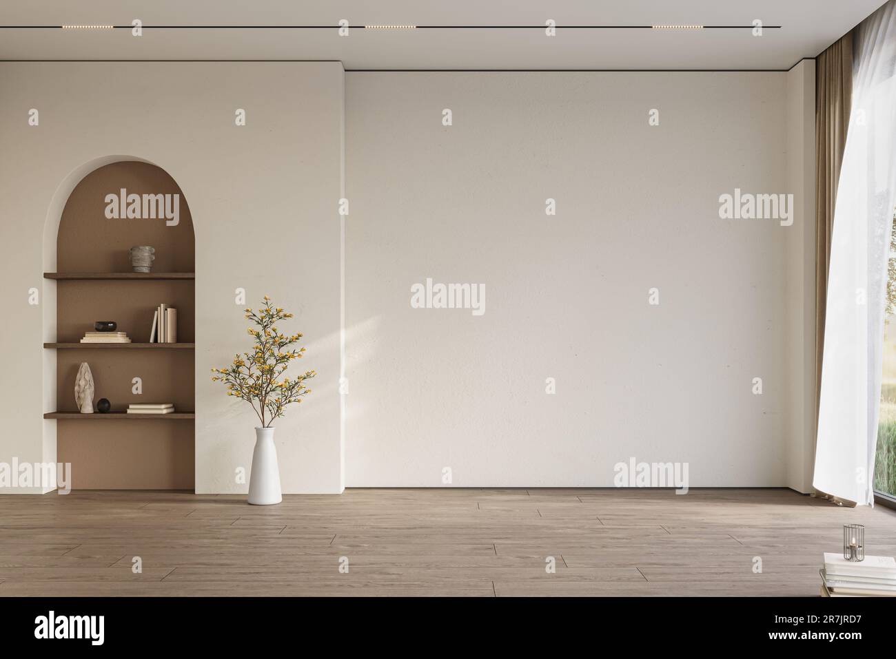 Cozy home interior in light pastel colors with hardwood flooring and ...