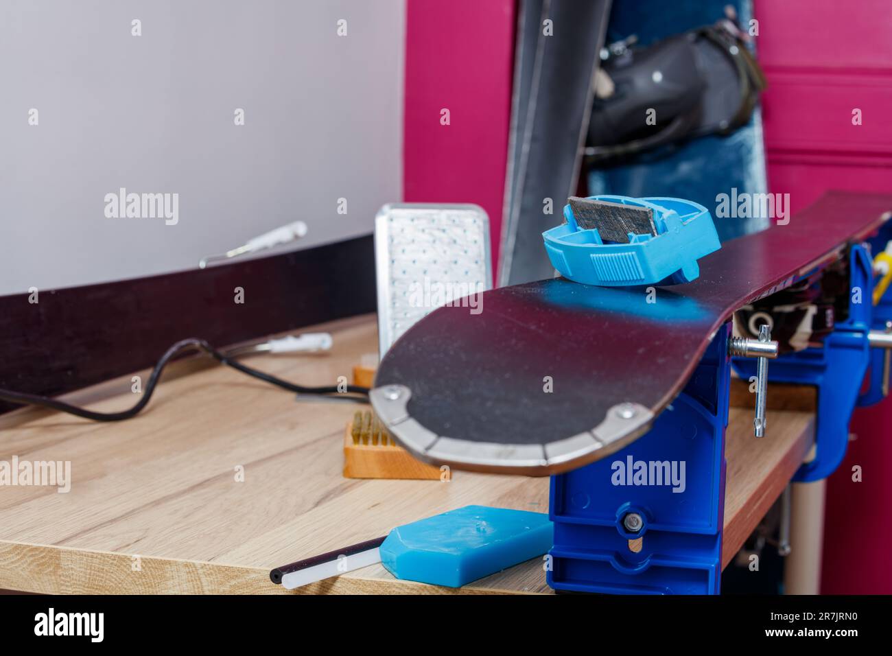 Set for ski equipment maintenance on workbench with sharpen tool Stock ...