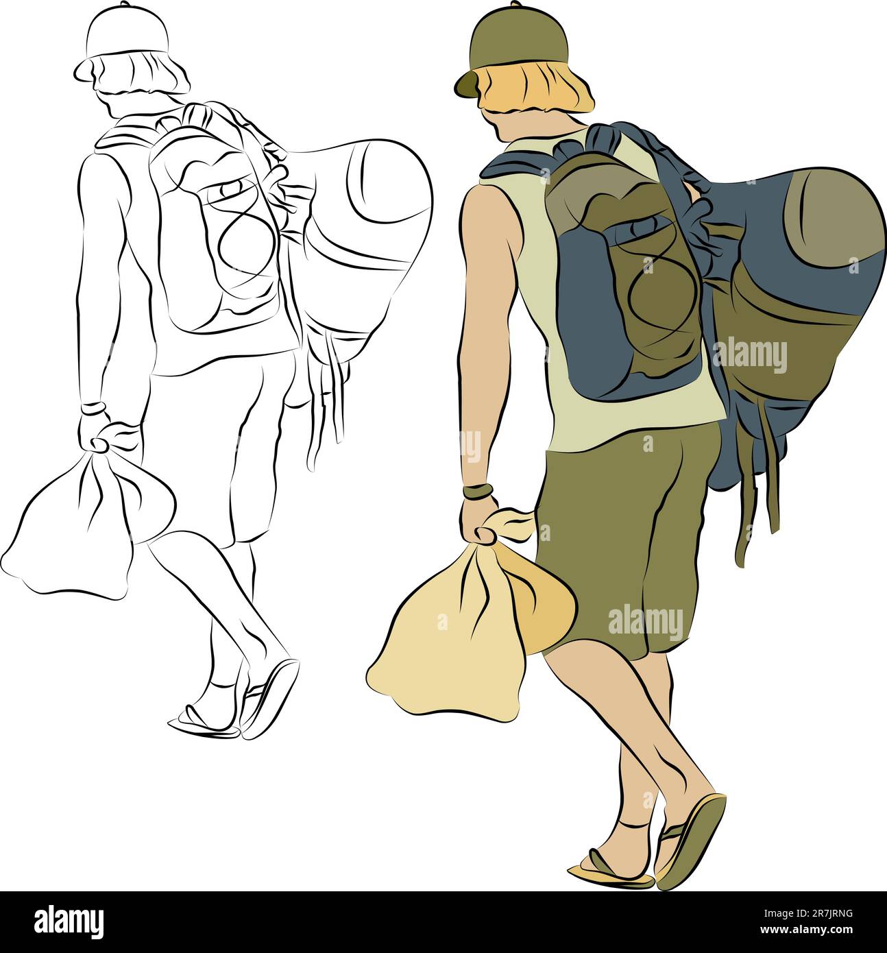 An image of a young man carrying man bags line drawing Stock Vector ...