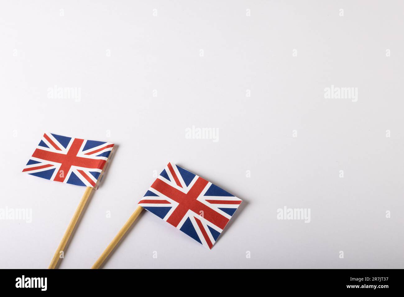 Overhead view of british flags isolated on white background, copy space ...
