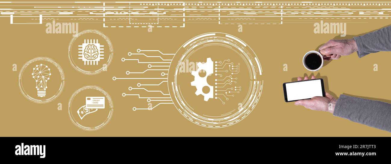 Top view of hands holding a mobile phone and a cup of coffee with ...