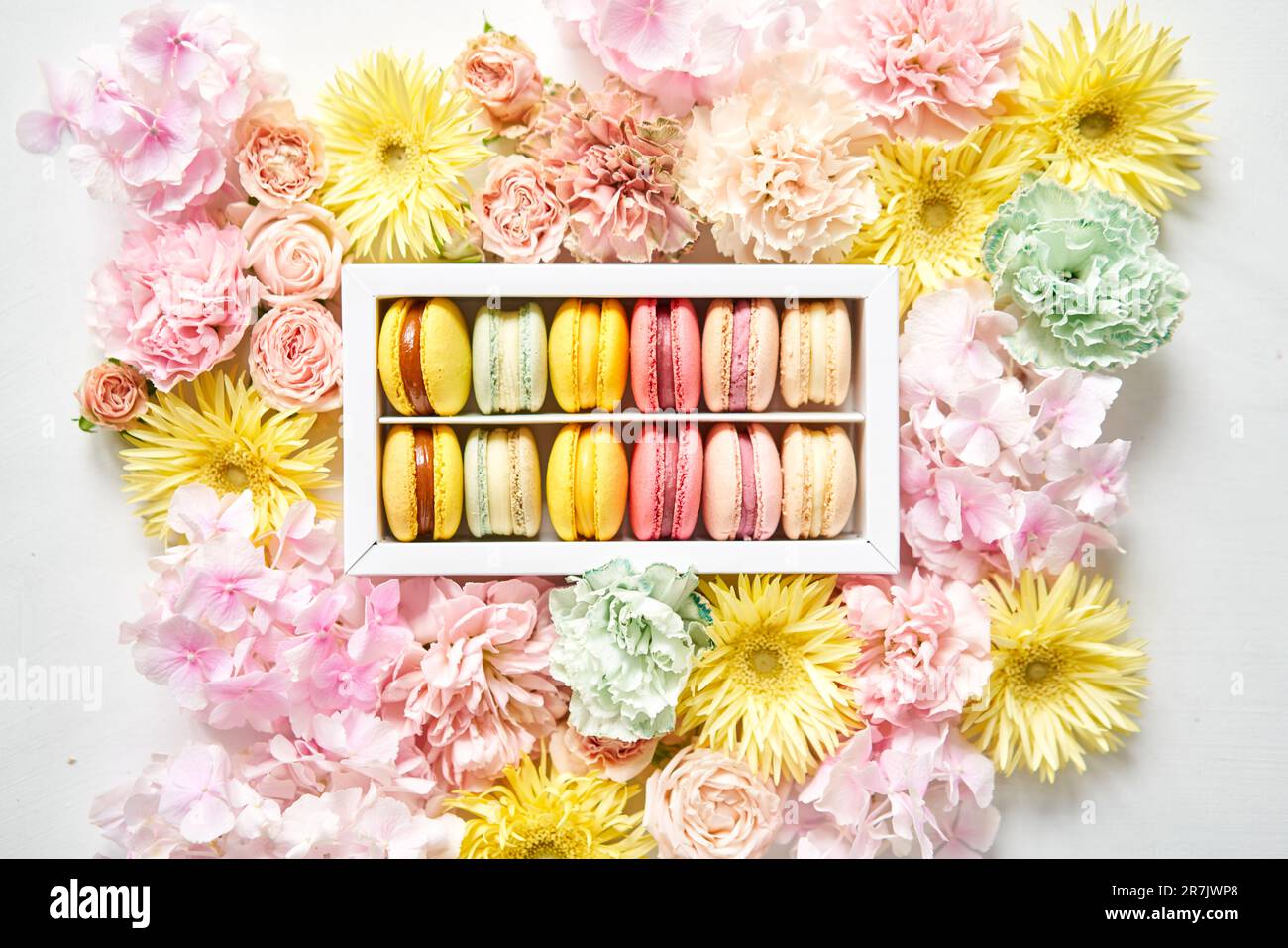 Dessert French Macarons in present box. Sweet dessert on a flowers ...