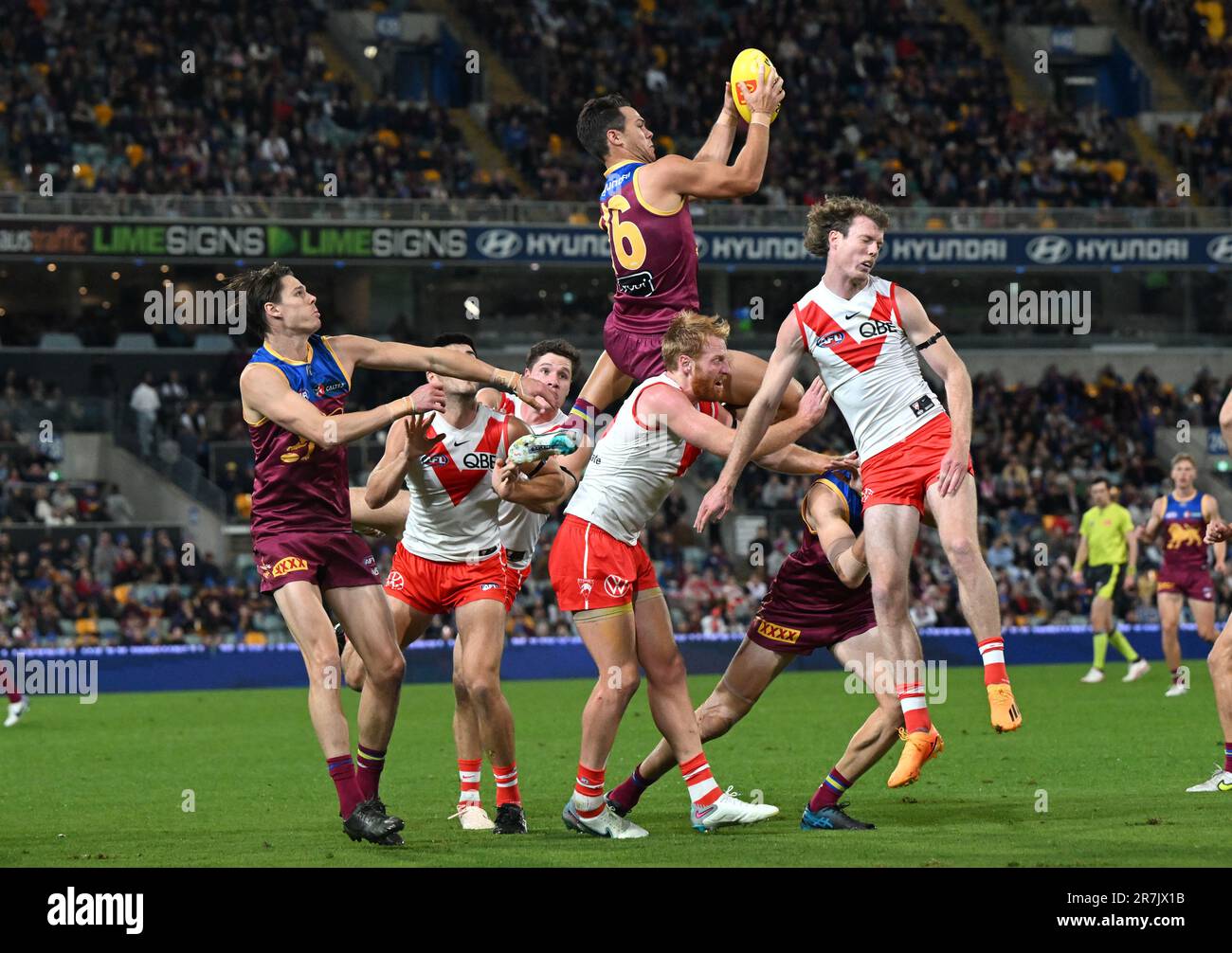 Brisbane, Australia. 16th June, 2023. Cam Rayner (centre) of the Lions ...