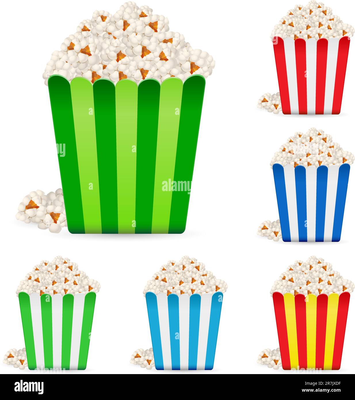 Popcorn in multi-colored striped packages. Illustration on white ...