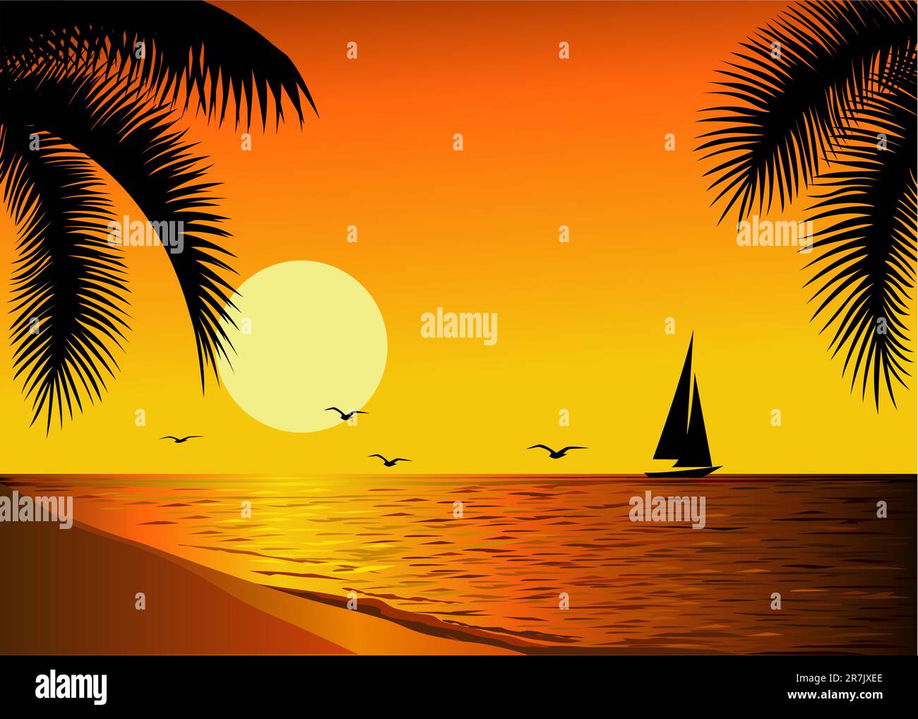 Vector illustration of tropical beach sunset background Stock Vector ...