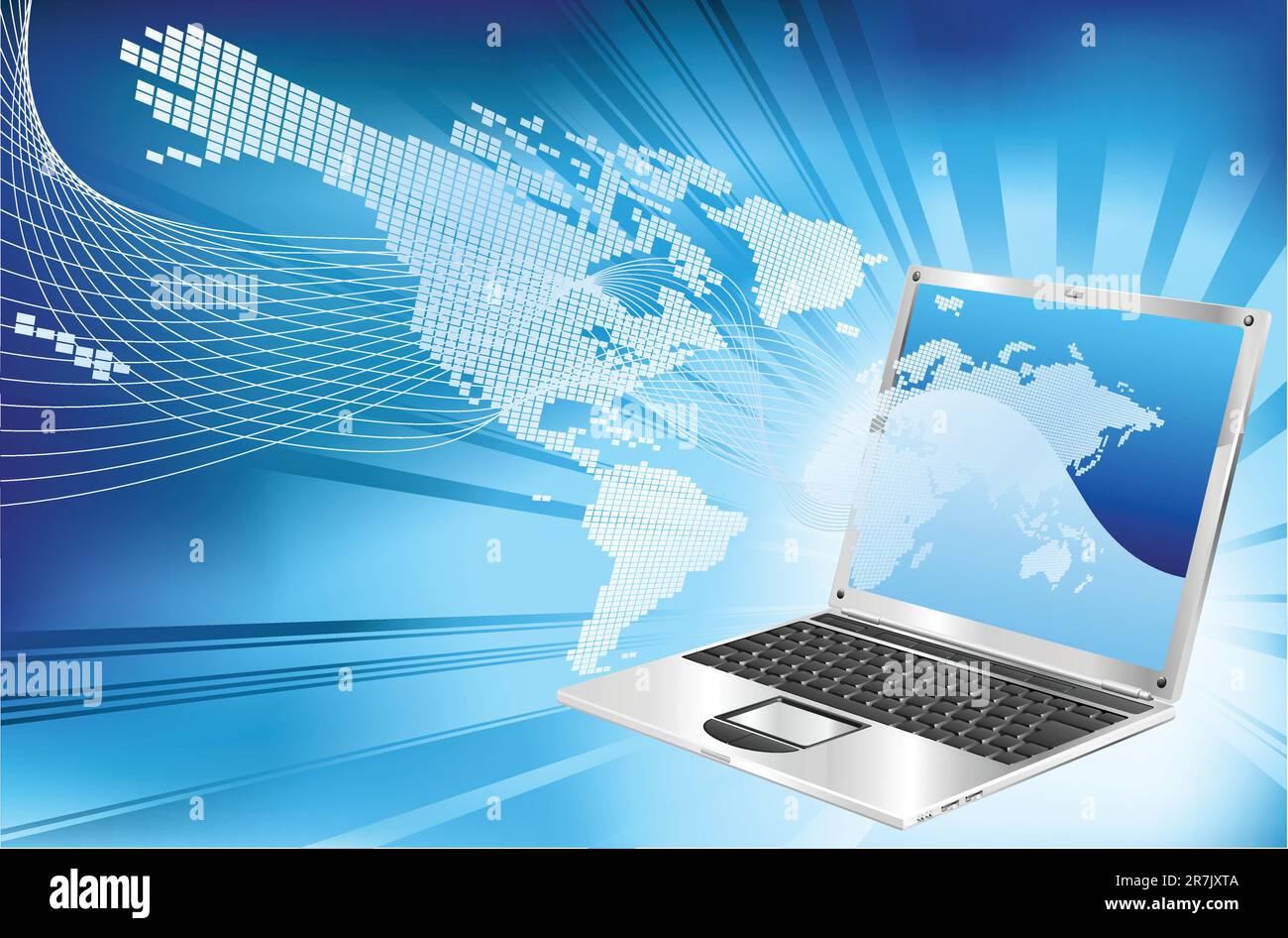 A blue laptop word map globe business concept background illustration ...