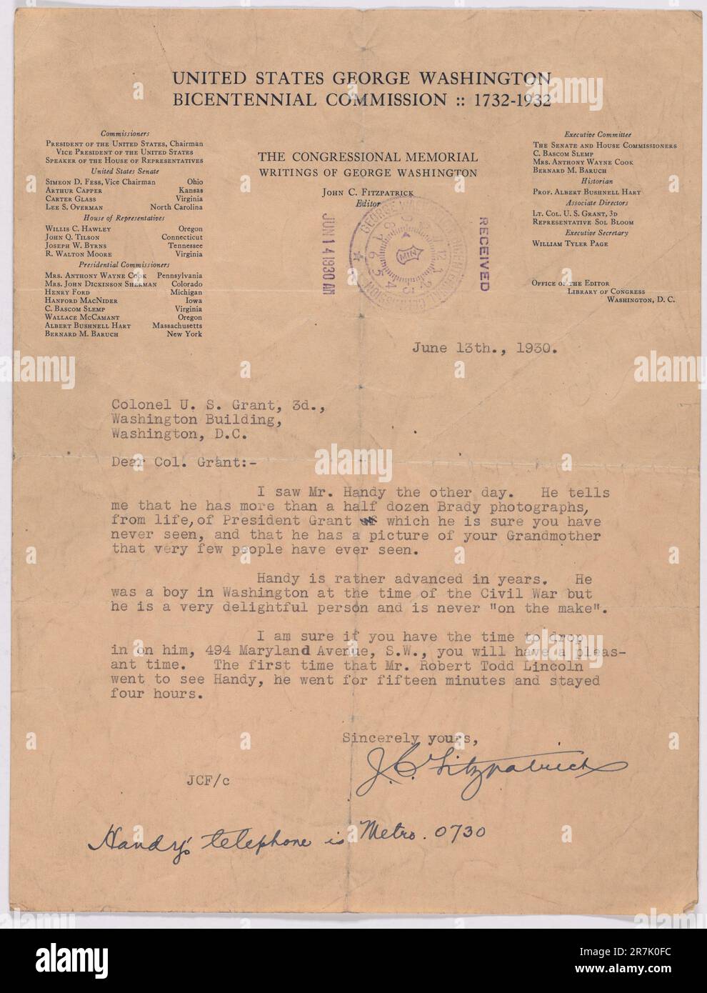 Letter to Ulysses S. Grant, III from John C. Fitzpatrick June 13, 1930 ...