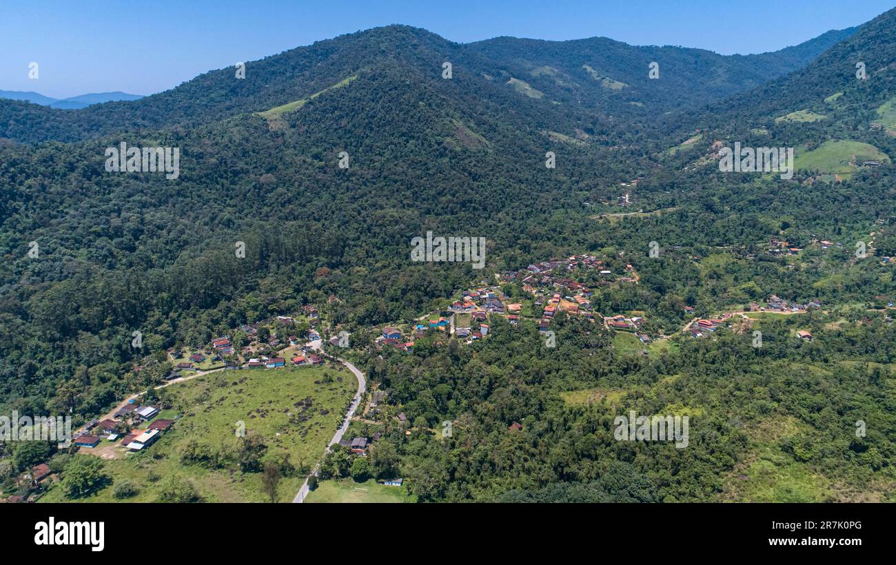 Aerial view to Atlantic forestand a village in the hinterland of Paraty ...