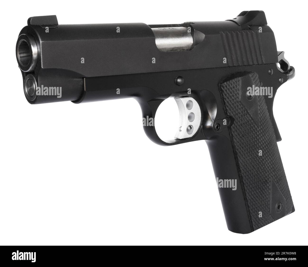 Dark black semi automatic handgun with skeltonized trigger and iron ...