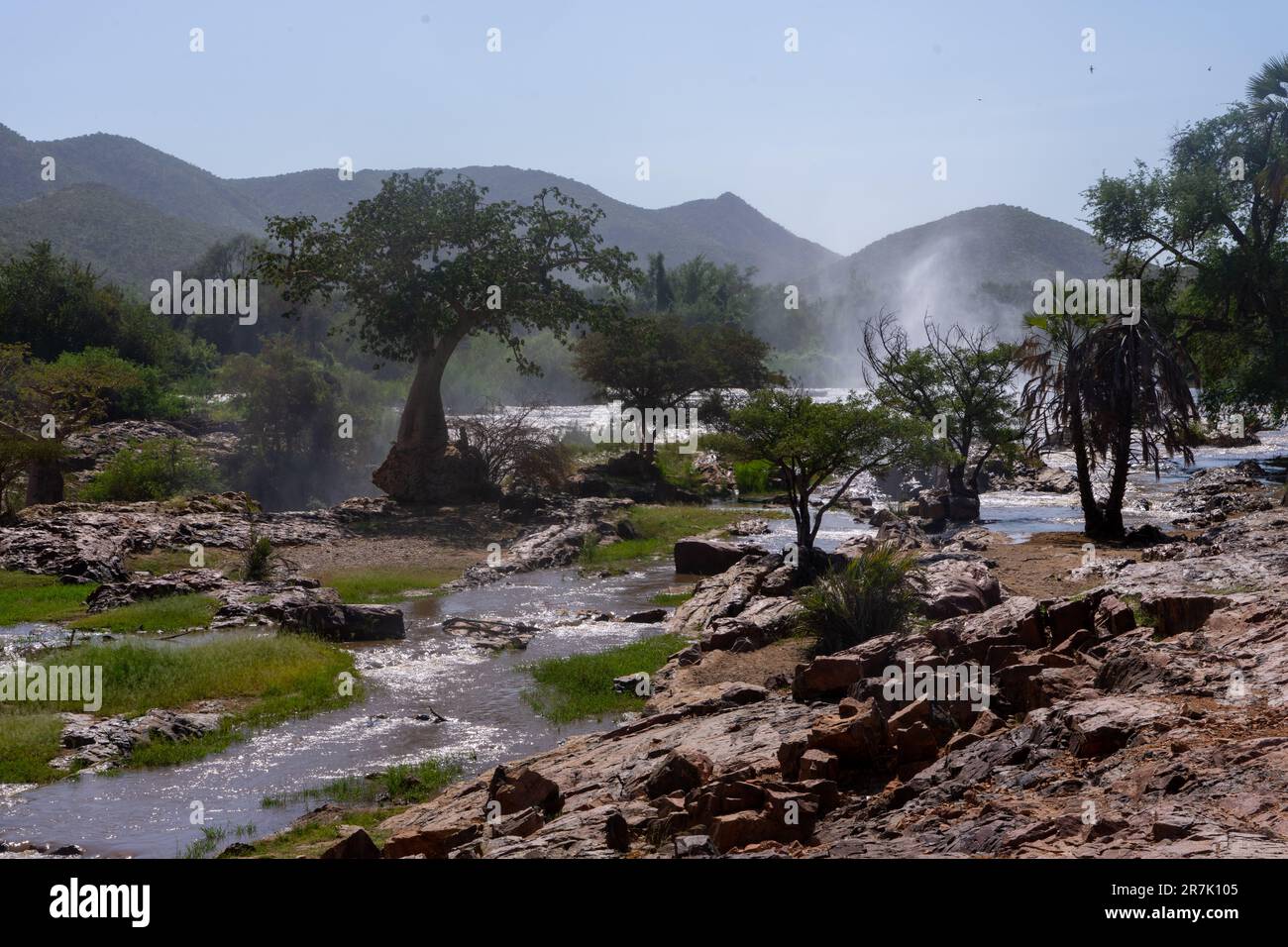 River rushing over jagged cliffs, Epupa falls Cunene River in Namibia ...
