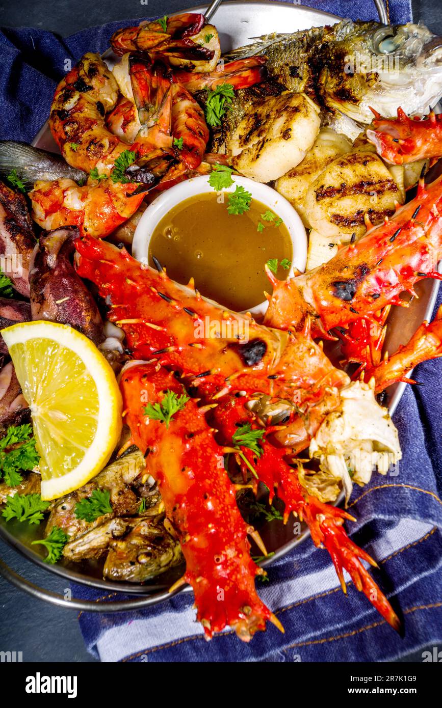 Assortment various barbecue Mediterranean grill food - fish, octopus ...