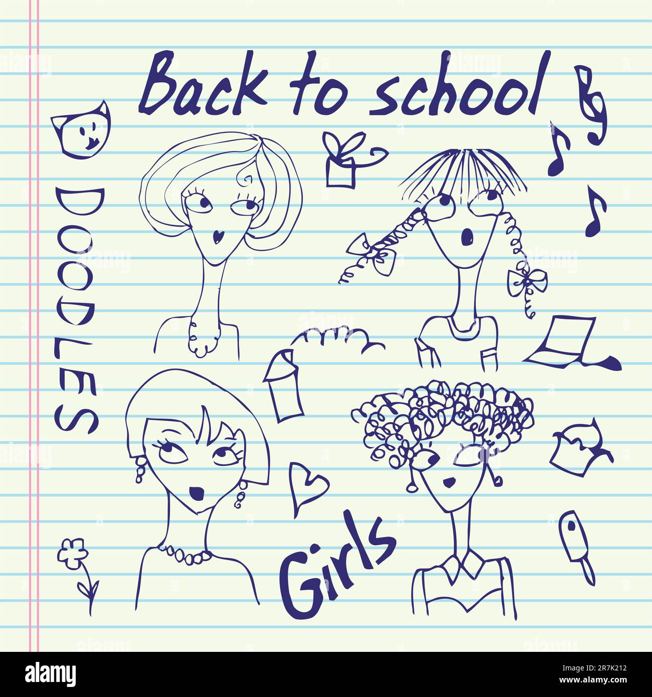 Hand-Drawn Back to School Sketchy Notebook Doodles with girls set ...