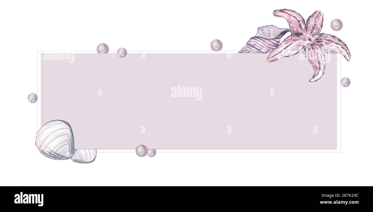Rectangular frame in gray with shells, starfish and pearls, pink and ...