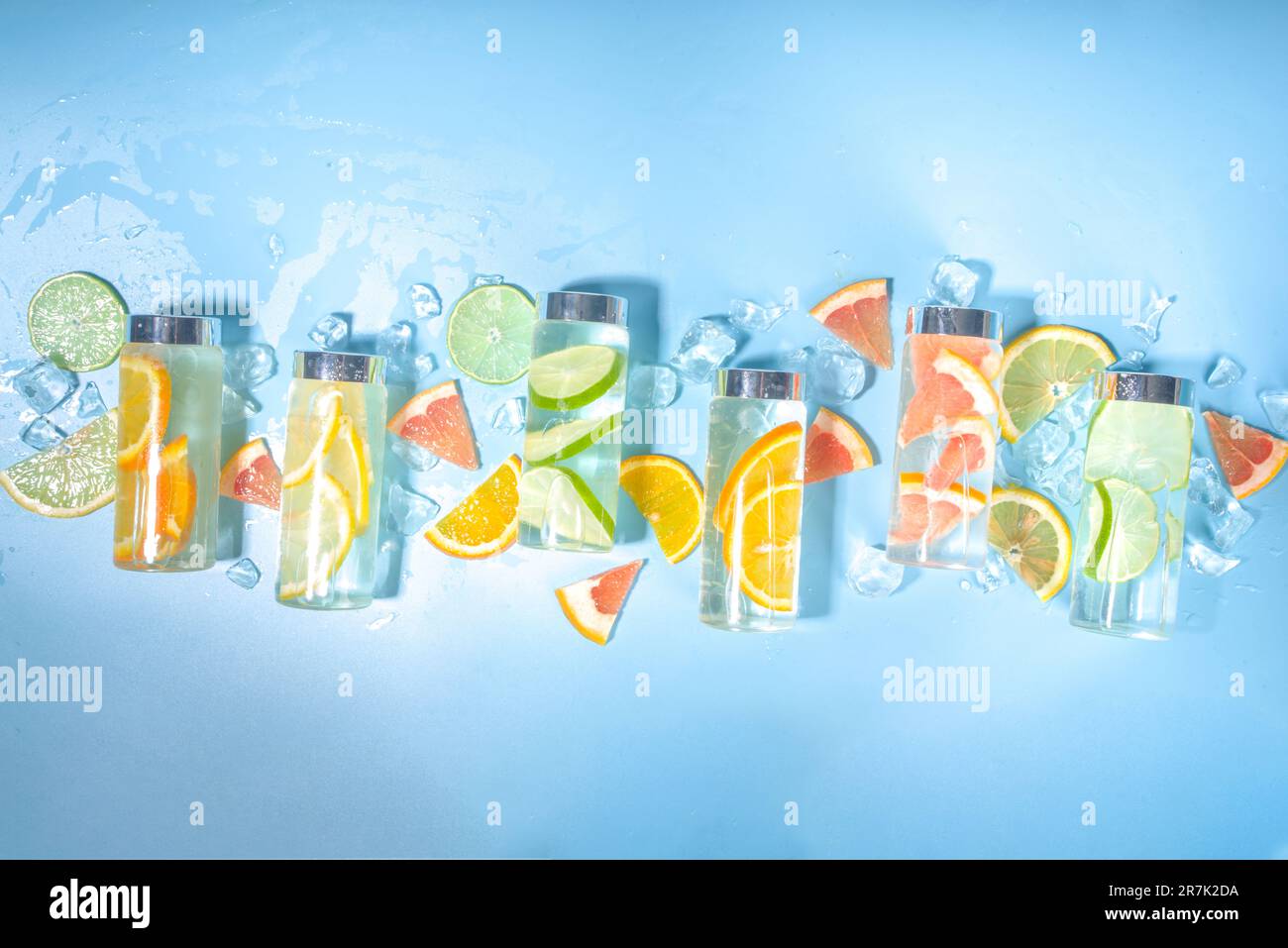 Variety of cold drinks in bottles, summer infused water bottles ...