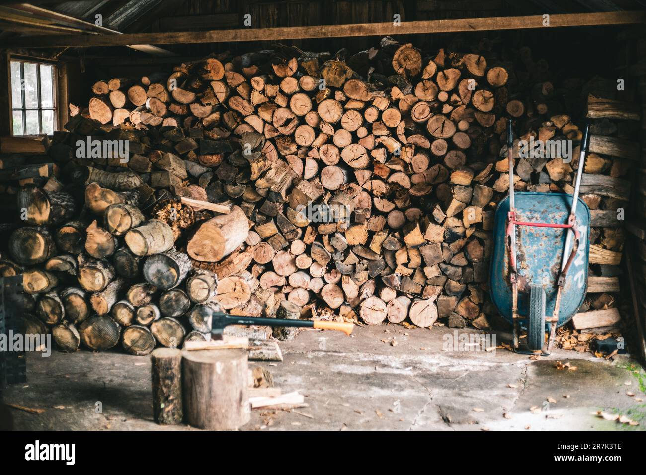 A pile of freshly chopped wood in a garage with a rusty wheelbarrow ...