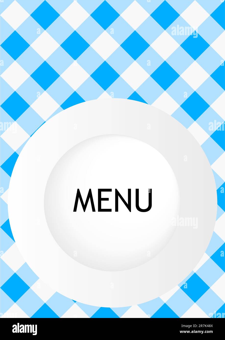 Menu Card Design - Blue Gingham Texture With Plate and Menu Sign Stock ...