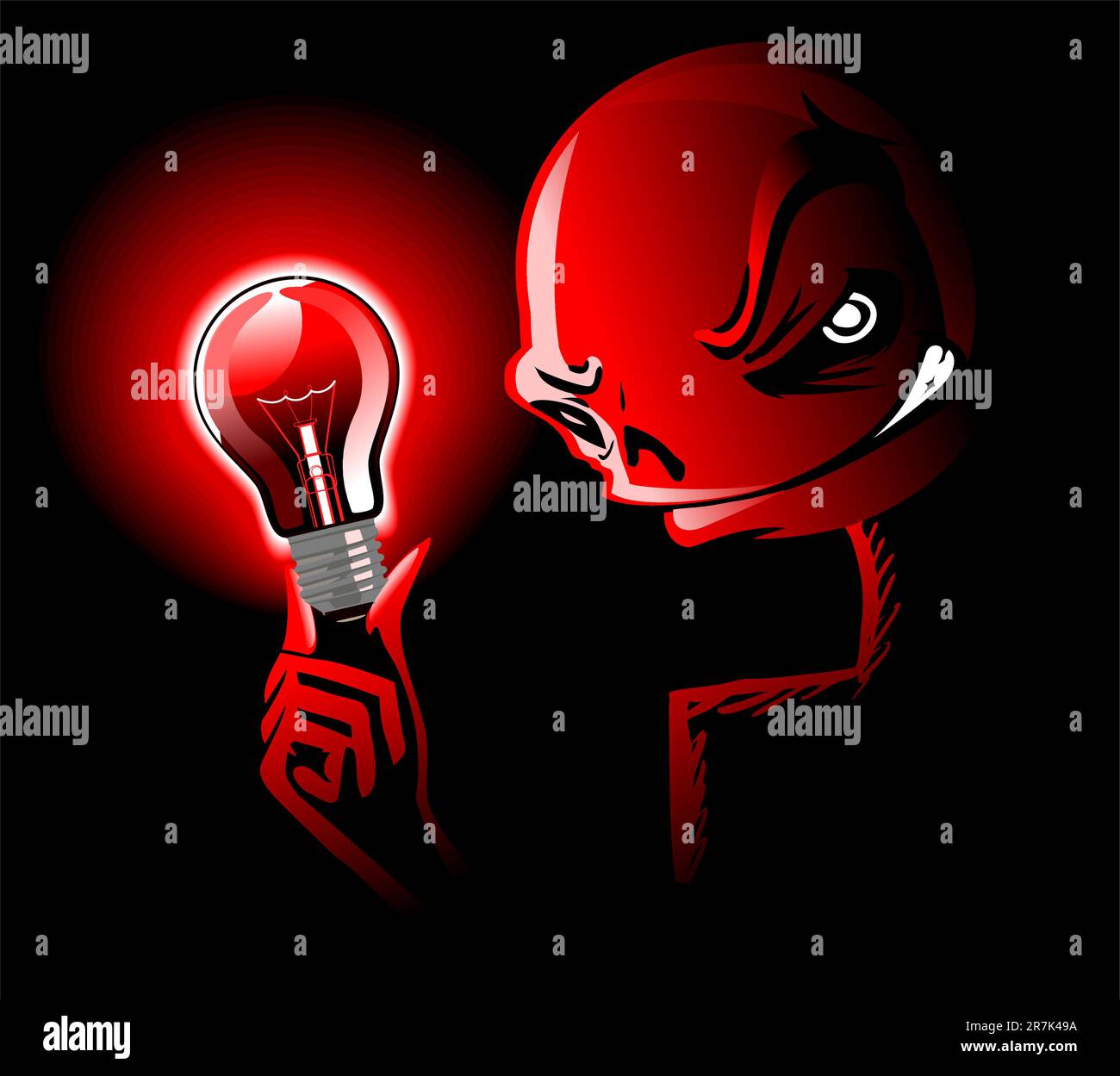 on a black background, a bright red light illuminates a scary face ...