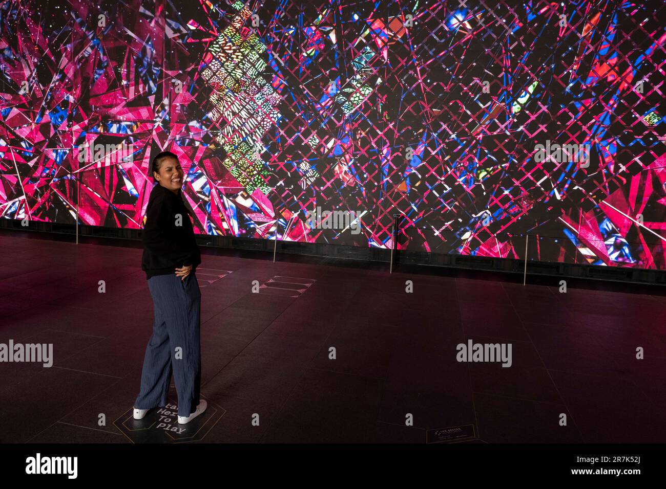 People interact with large scale digital screens displaying the body ...