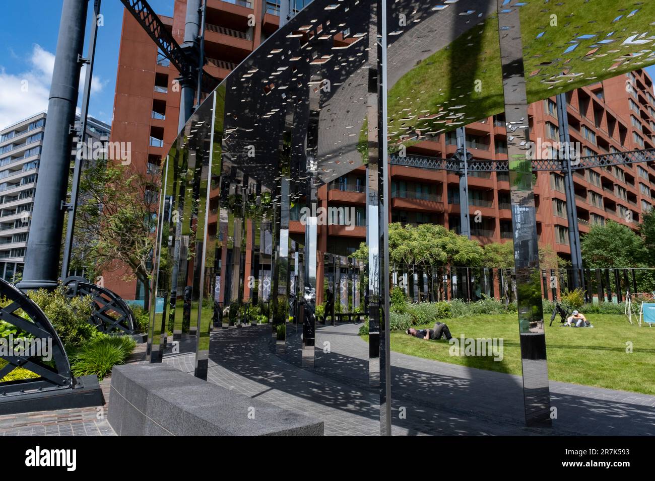 Gasholder park with its refelctive mirror walkway within one of the ...