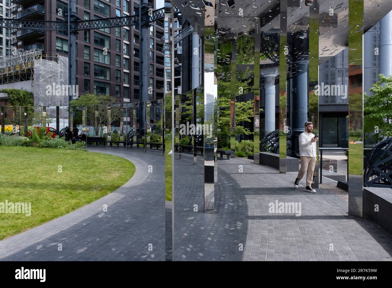 Gasholder park with its refelctive mirror walkway within one of the ...