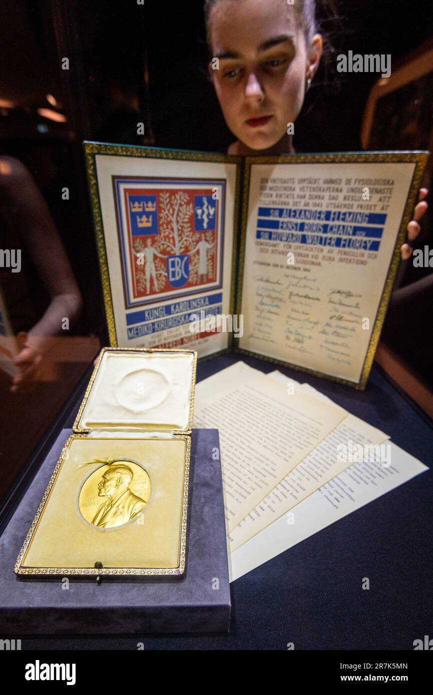 London, UK. 16 June 2023. A staff member presents Sir Ernst Chain’s ...