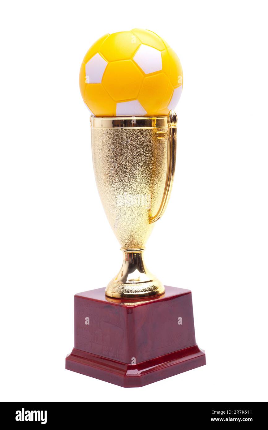 Gold cup with soccer ball isolated on white background Stock Photo - Alamy