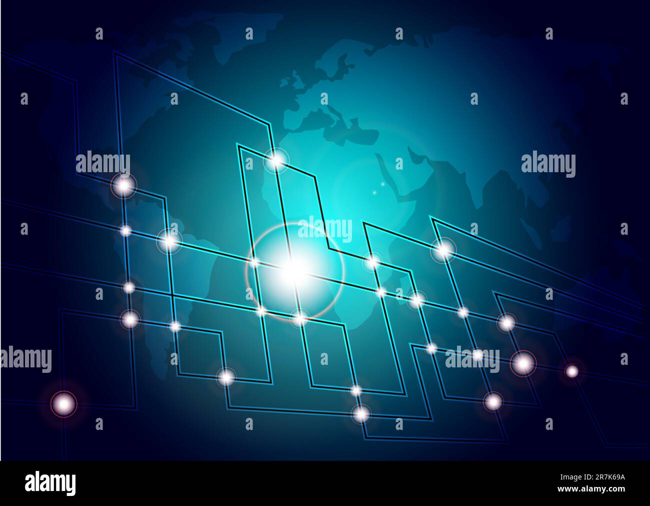 Background - Glowing Optical Fibers and World Map on Blue Background ...