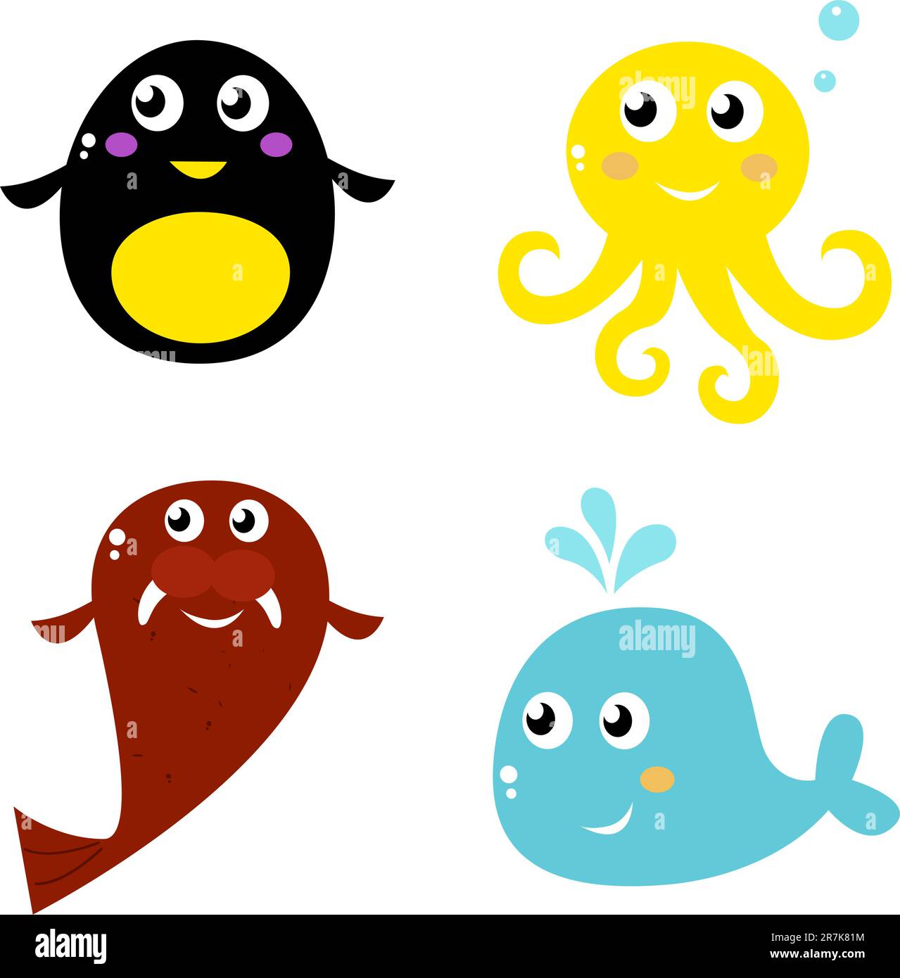Four cute animals set isolated on white background - Penguin, Whale, Seal and Octopus. Vector ...