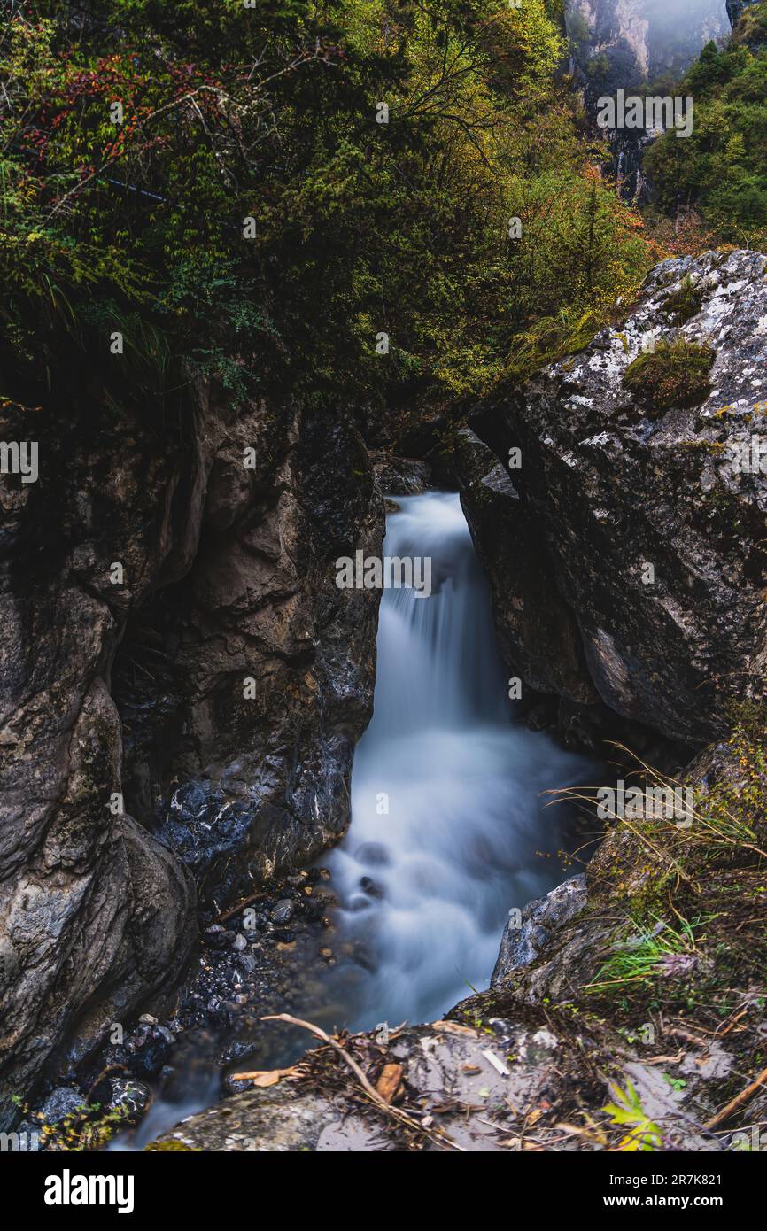 A vertical of a waterfall cascading down the rocks covered with ...