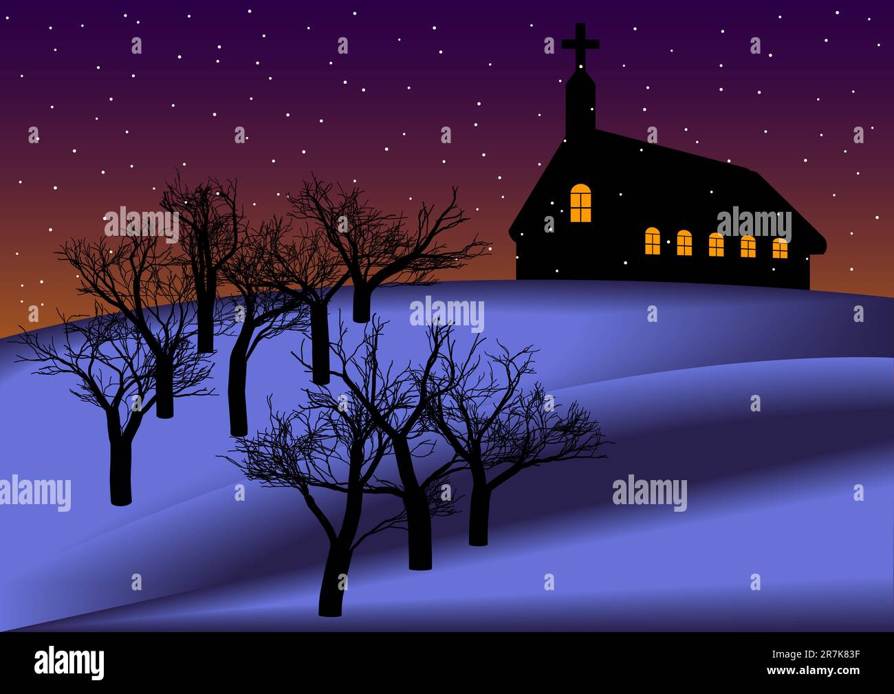 Christmas Night Background - Chapel and Trees on Snowy Hills Stock ...