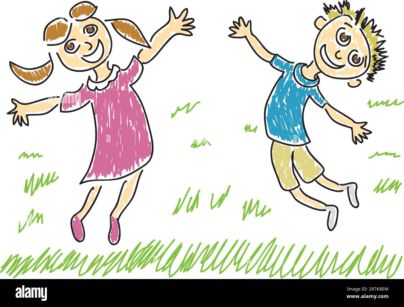Two happy kids jumping for joy outside in the grass Stock Vector Image ...