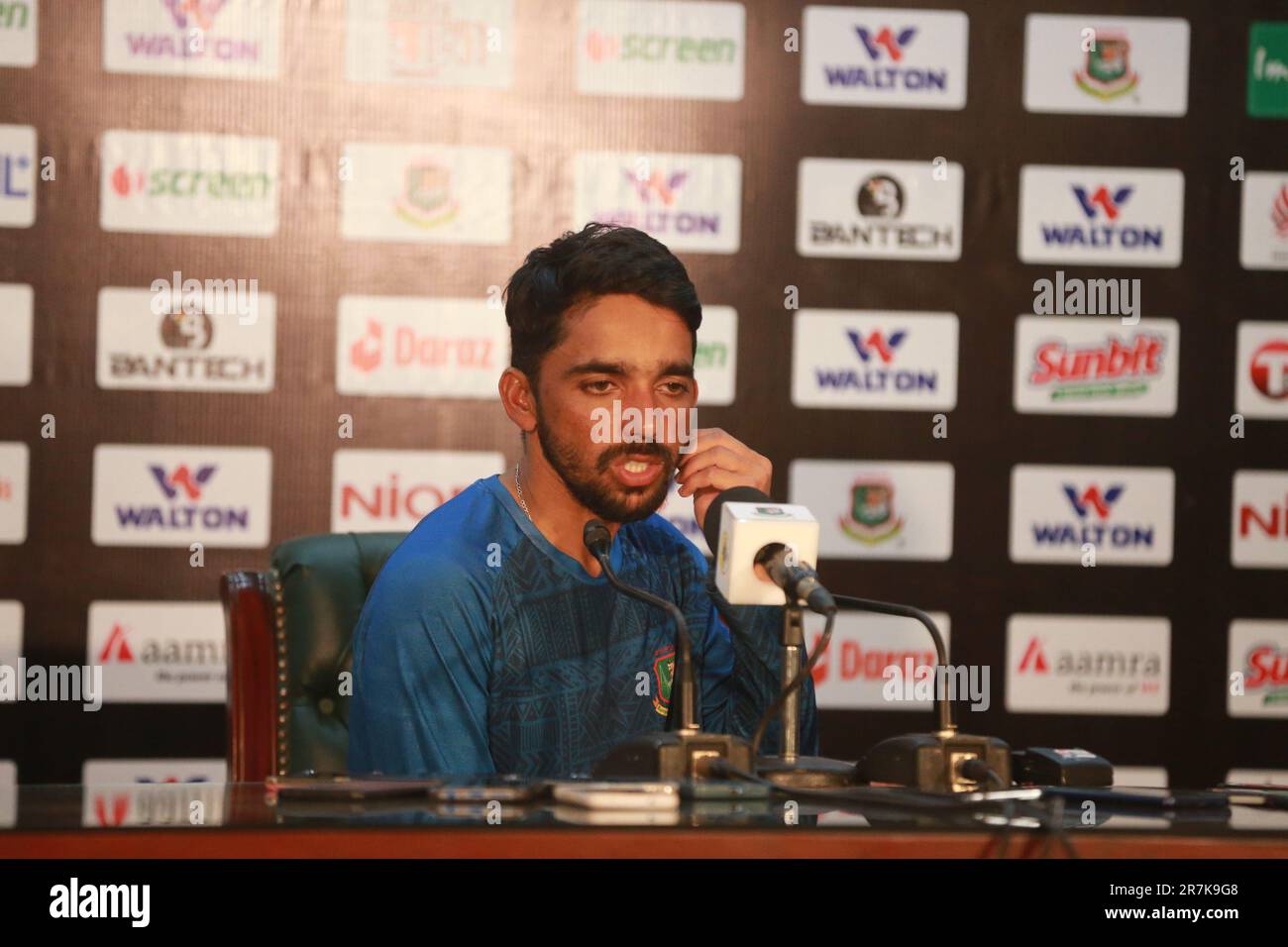 Bangladeshi batter Mominul Haque speaks at a press conference after the ...