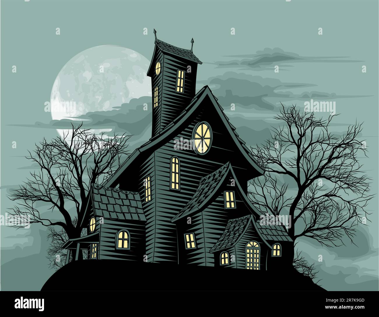 Halloween scene. Illustration of a spooky haunted ghost house Stock ...