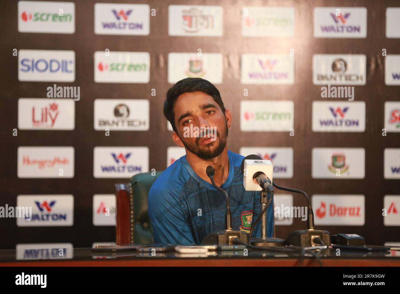 Bangladeshi batter Mominul Haque speaks at a press conference after the ...